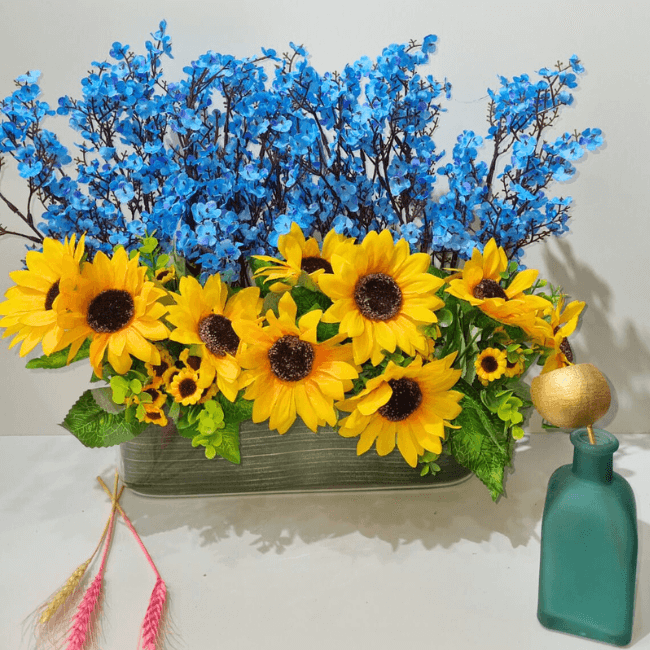 Vibrant Sunflower & Blue Cherry Blossom Arrangement - Zahra Al Doula