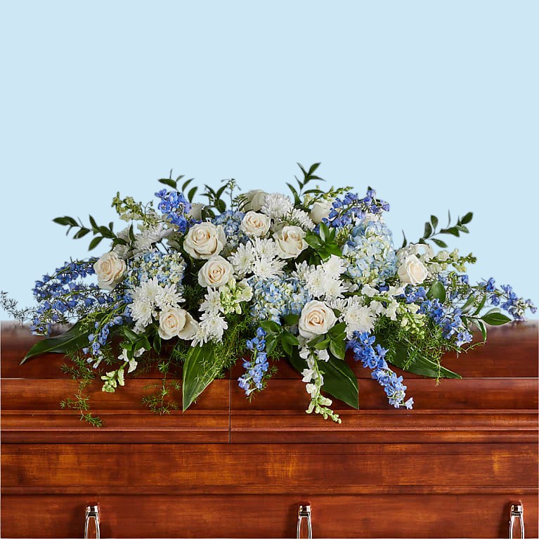Serenity Blue & White Casket Spray with Roses & Hydrangeas - Zahra Al Doula
